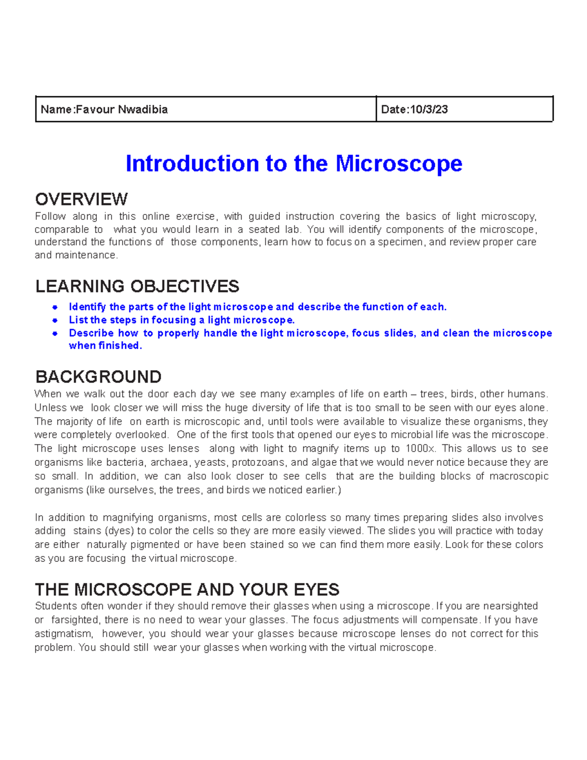 Copy of Introduction to Microscope - Name:Favour Nwadibia Date:10/3/ Introduction to the ...