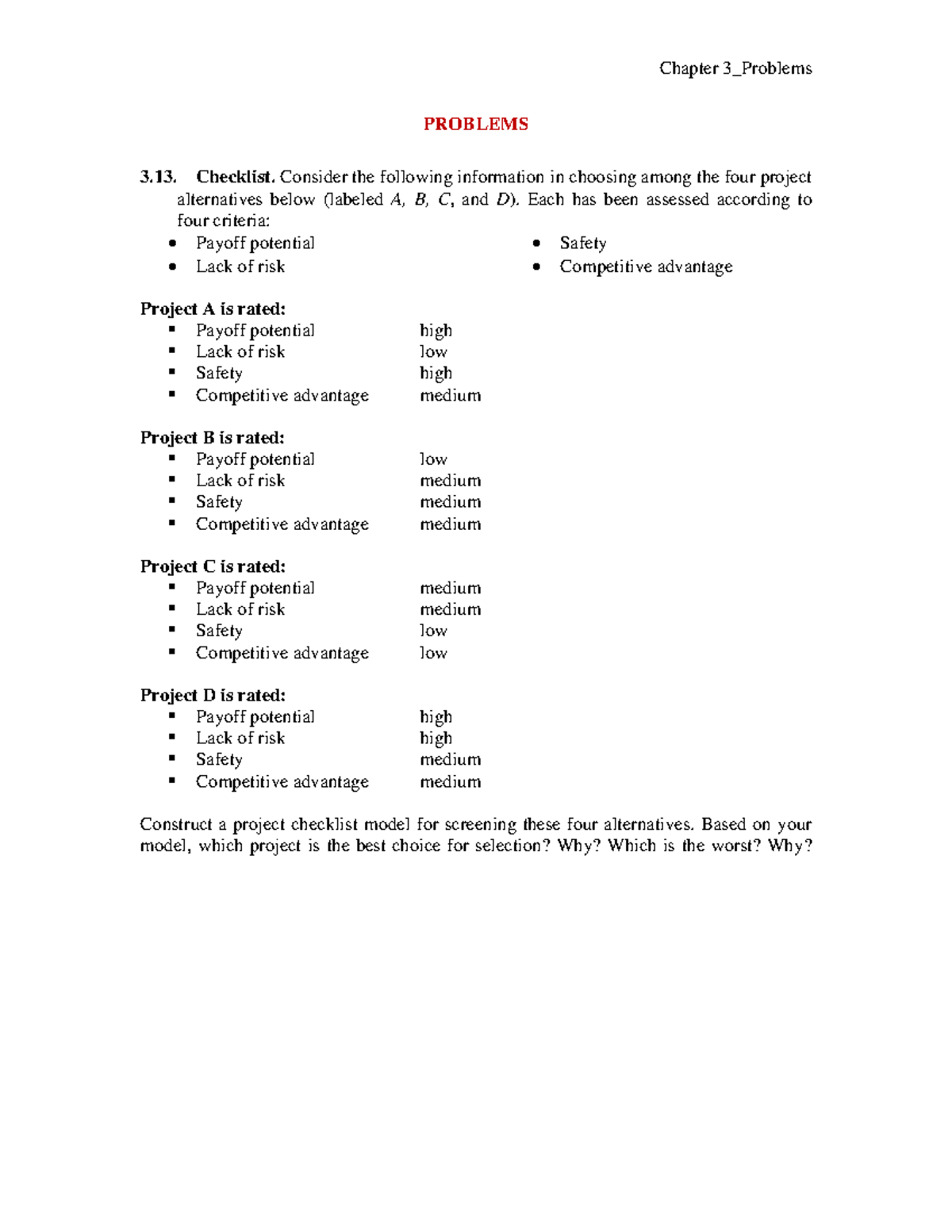 Material 004 PPM Chapter 3 Problems - Chapter 3_Problems PROBLEMS Checklist. Consider the ...