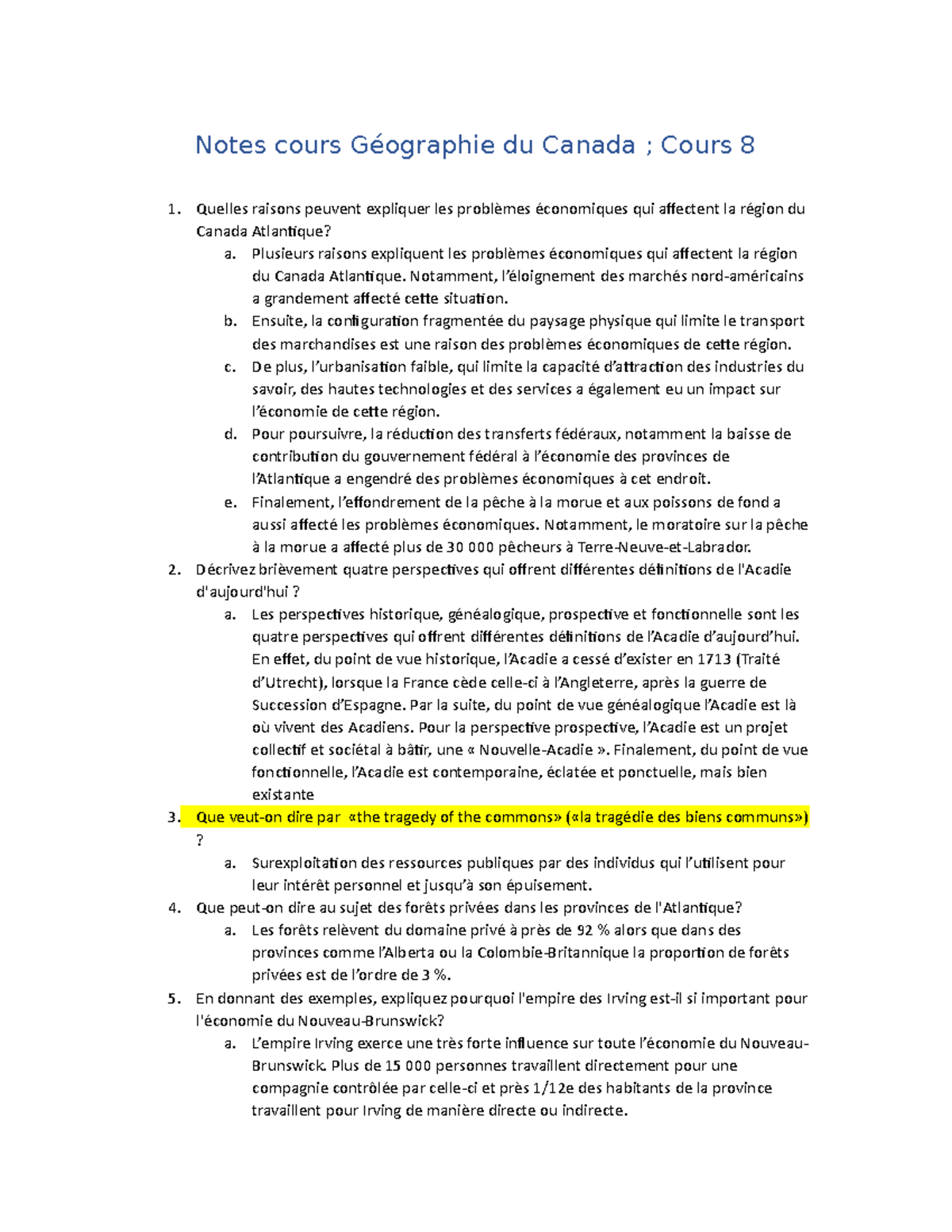 Module 8 ; Géographie du Canada - Notes cours Géographie du Canada ...
