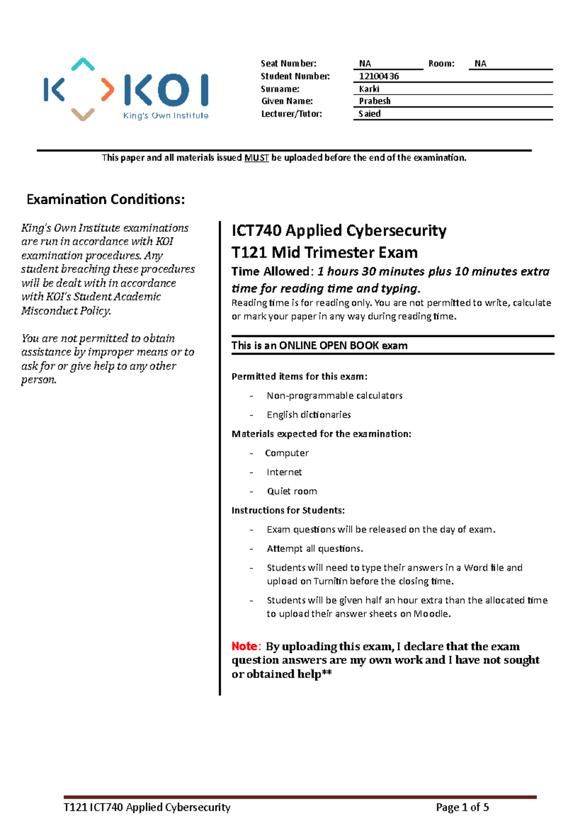 T121 Mid-trimester Examination ICT740 - This paper and all materials ...