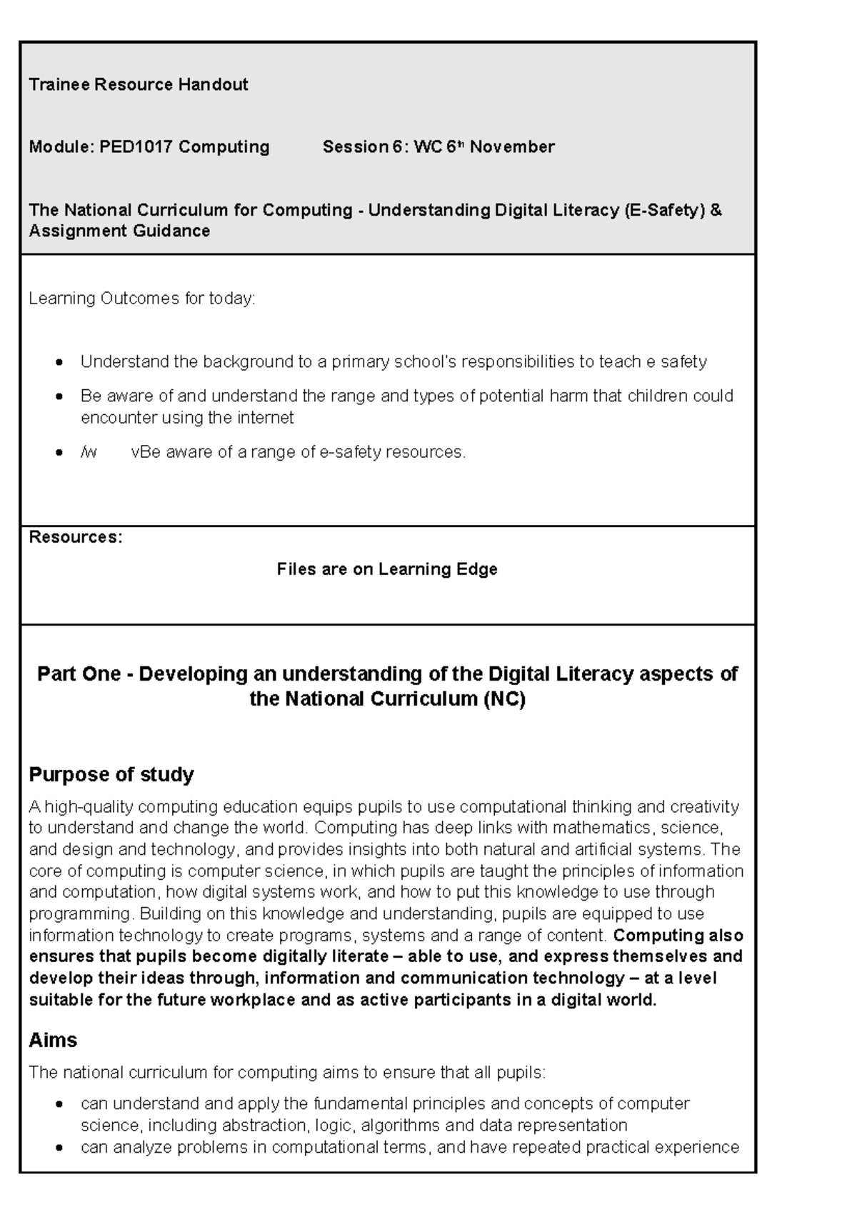 Session 6 Computing Year 1 Trainee Resource Handout Module Ped1017