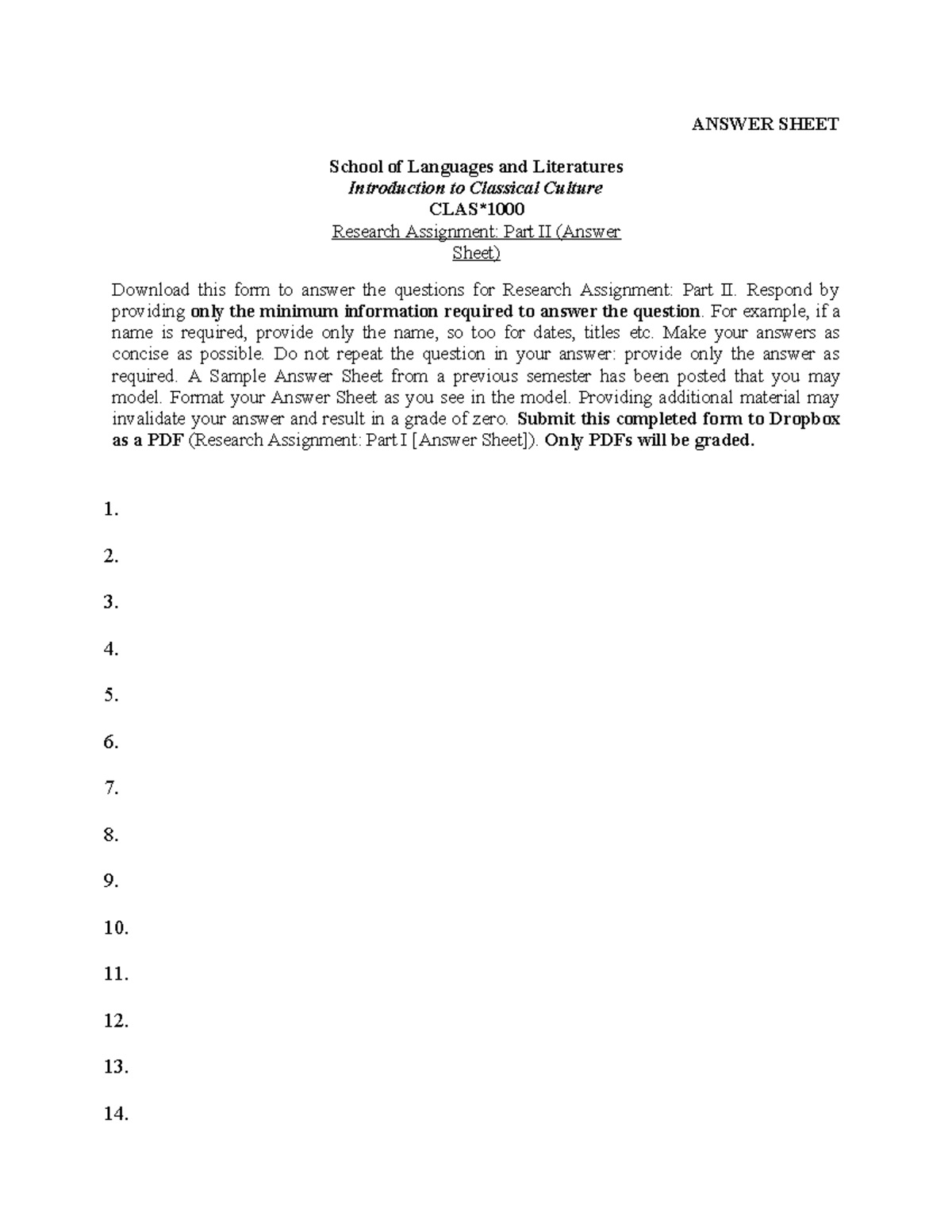 Research Assignment Part II Answer Sheet - ANSWER SHEET School of ...