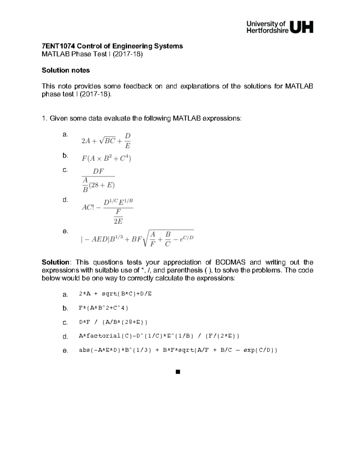 Matlab test I feedback - 7ENT1074 Control of Engineering Systems MATLAB ...