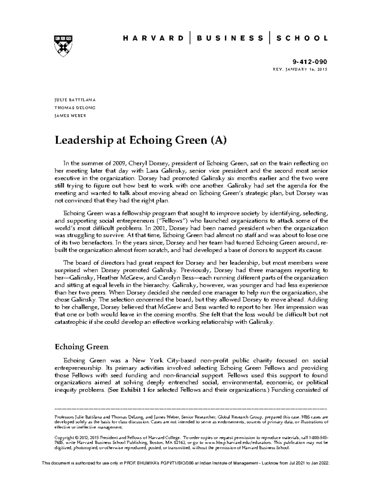Leadership at Echoing Green (A) - Dorsey had promoted Galinsky six ...