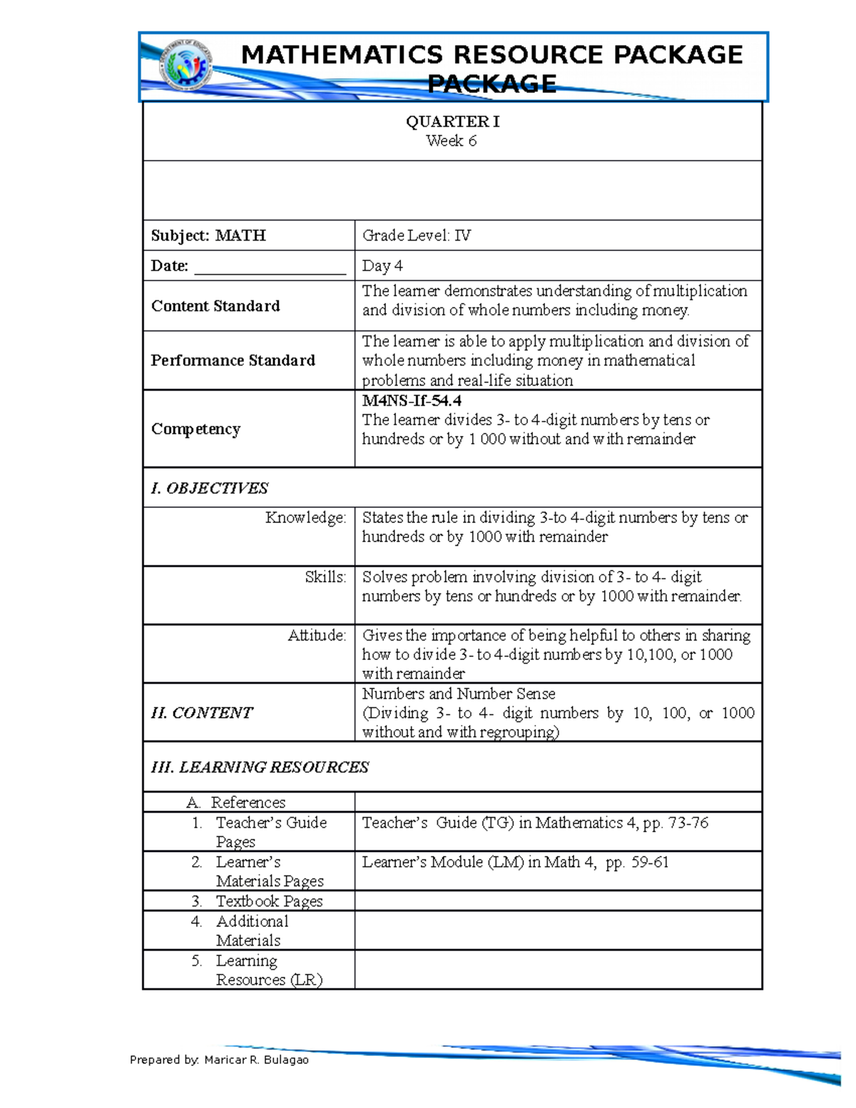 MATH4 Q1 WEEK6 DAY4 - good - PACKAGE QUARTER I Week 6 Subject: MATH ...