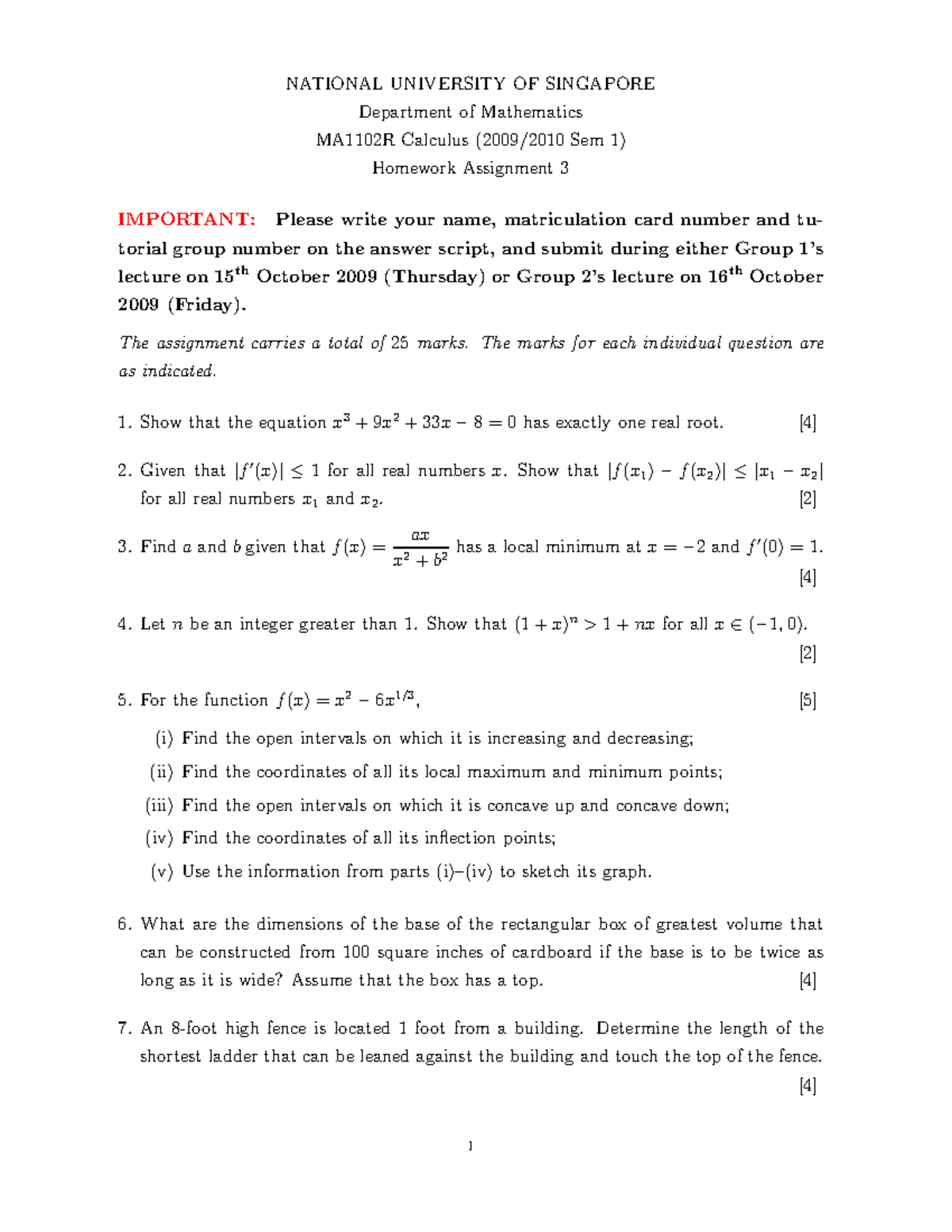 MA1102R 09assignment 3 - NATIONAL UNIVERSITY OF SINGAPORE Department of Mathematics MA1102R ...