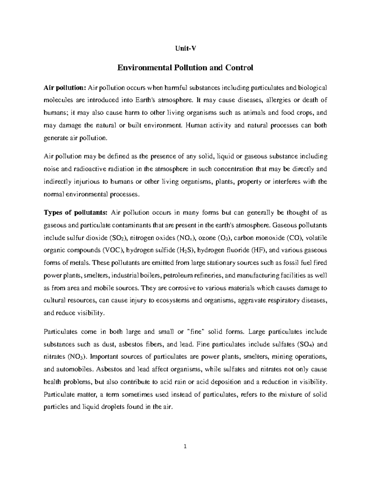Mod 5 study material - Environmental Pollution and Control - Unit-V ...