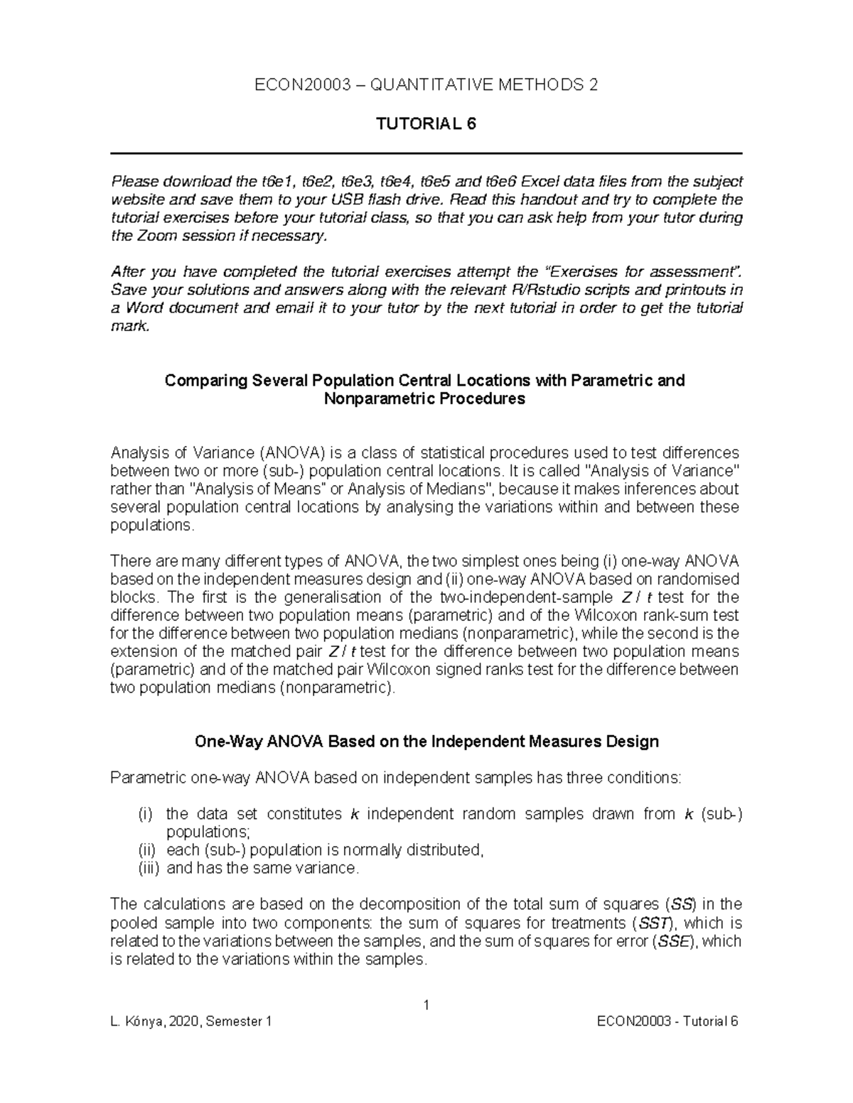 Tutorial 6 Warning Tt Undefined Function 32 1 Econ20003 Quantitative Methods 2 Tutorial 6