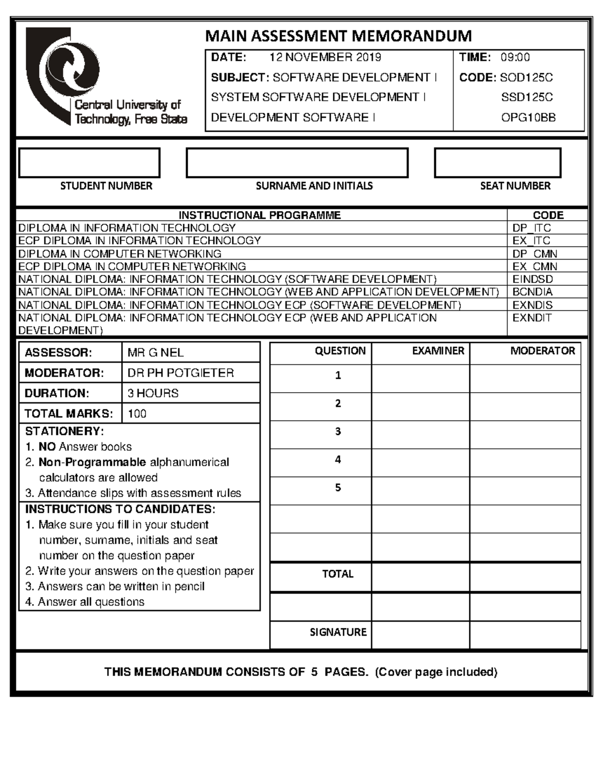 2019-SOD125C-M-Exam Memo - DATE: 12 NOVEMBER 2019 SUBJECT: SOFTWARE ...