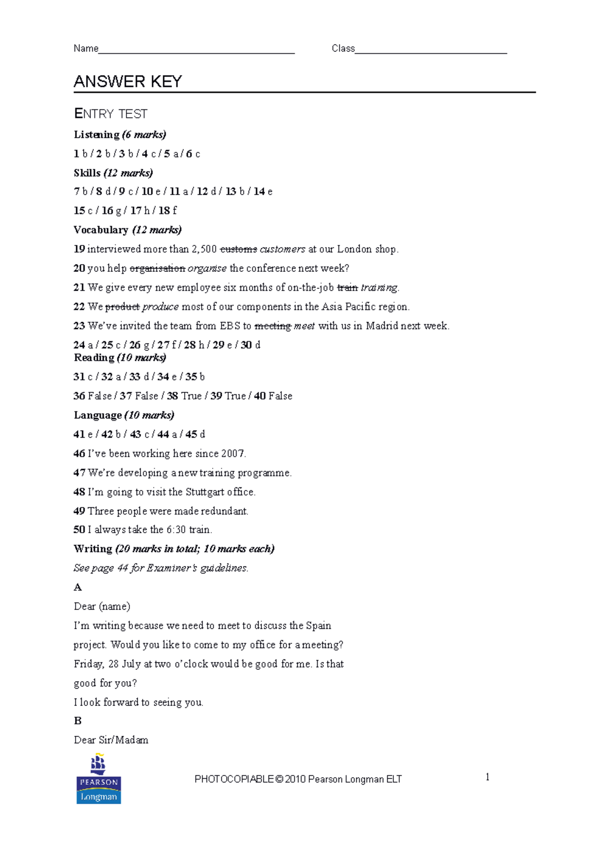 Answer keys - Soluzione - Name_______________________________________ - Studocu