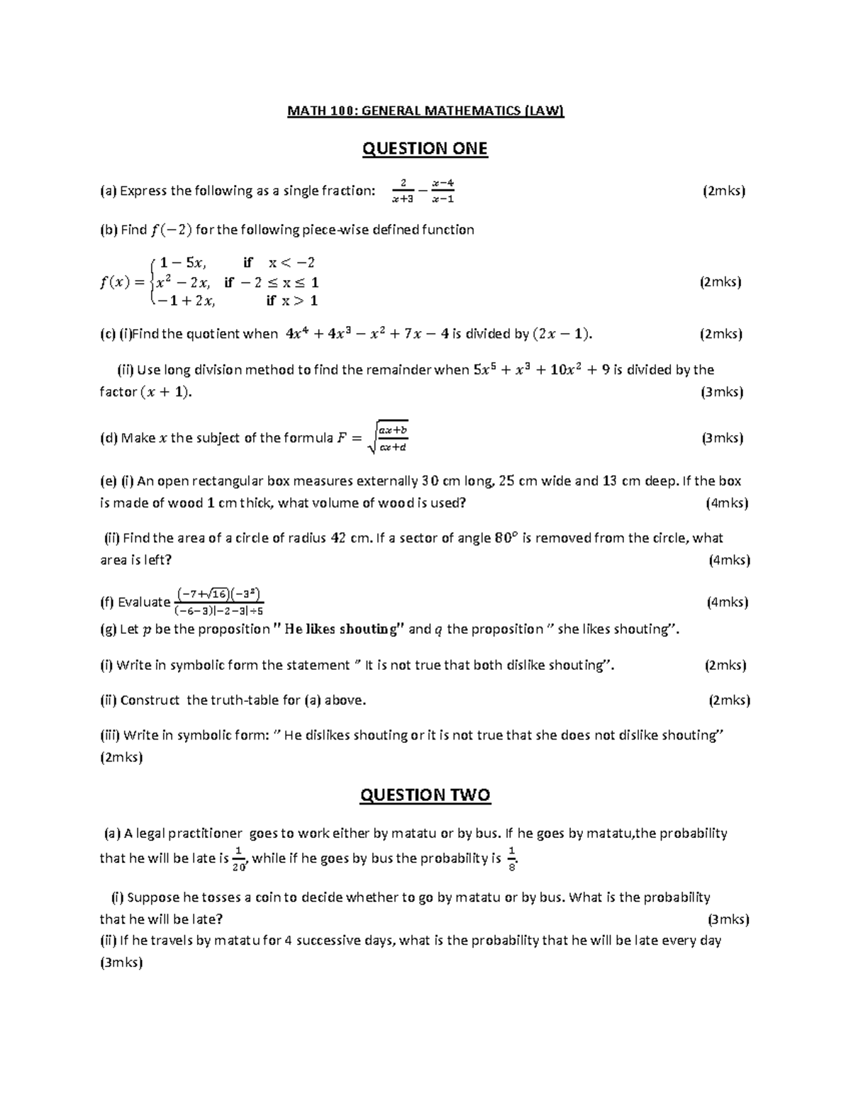 MATH 100 LAW 2022 - A revision materials - MATH 100: GENERAL MATHEMATICS (LAW) QUESTION ONE (a ...