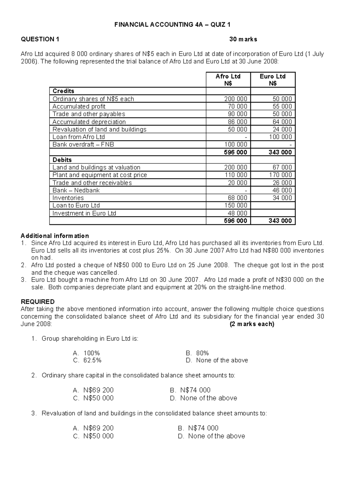 FAC 411S QUIZ 1 - 2012 Semester 2 - FINANCIAL ACCOUNTING 4A – QUIZ 1 ...