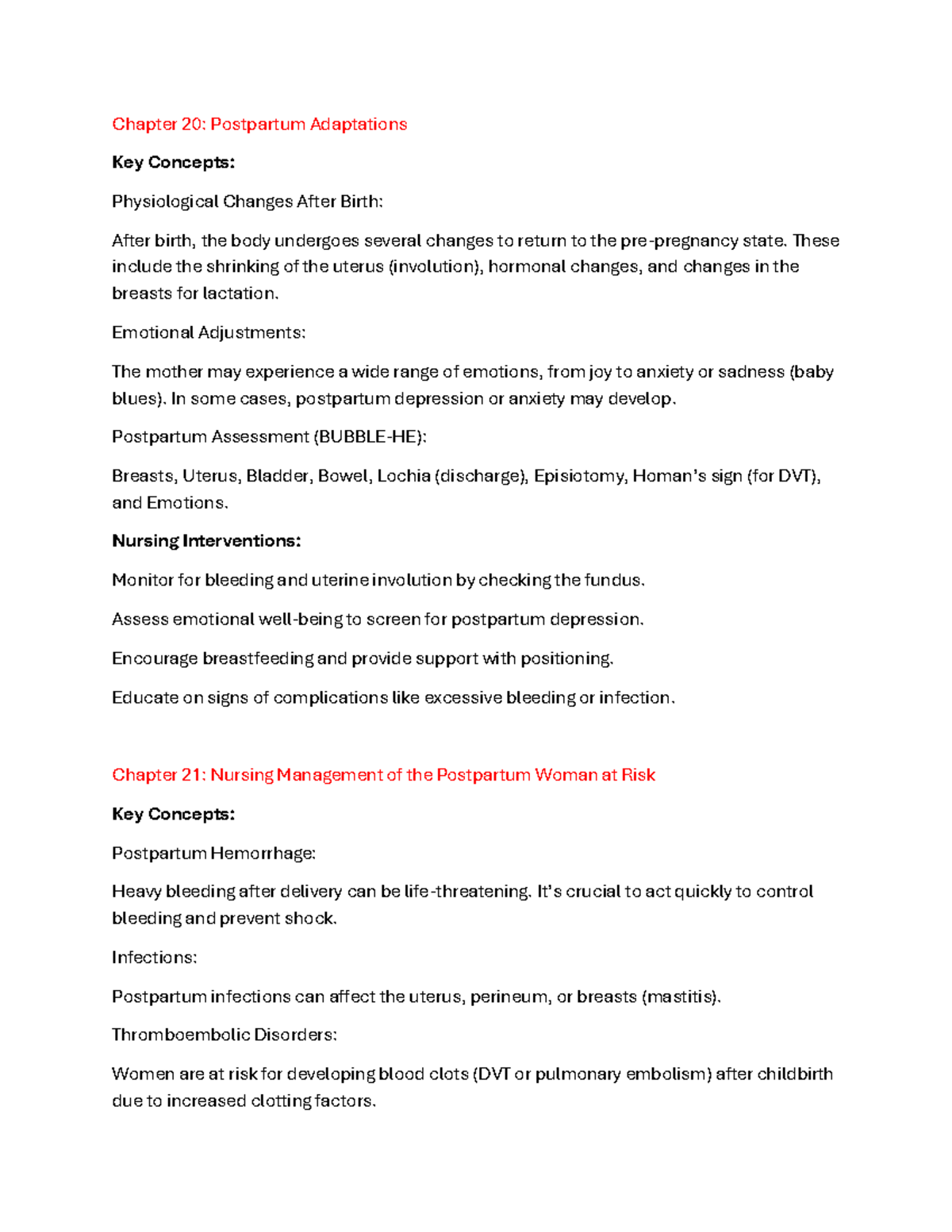 Document 3 - Lecture Notes - Chapter 20: Postpartum Adaptations Key ...