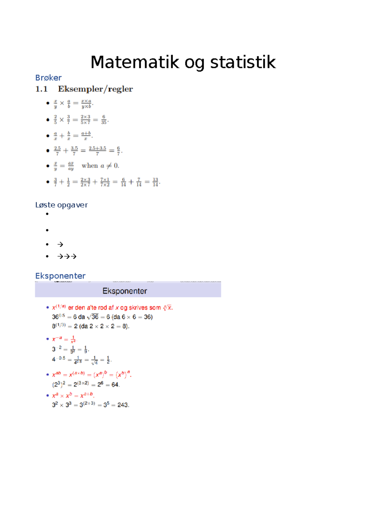 Matematik og Statestik - Matematik og statistik Brøker Løste opgaver ...