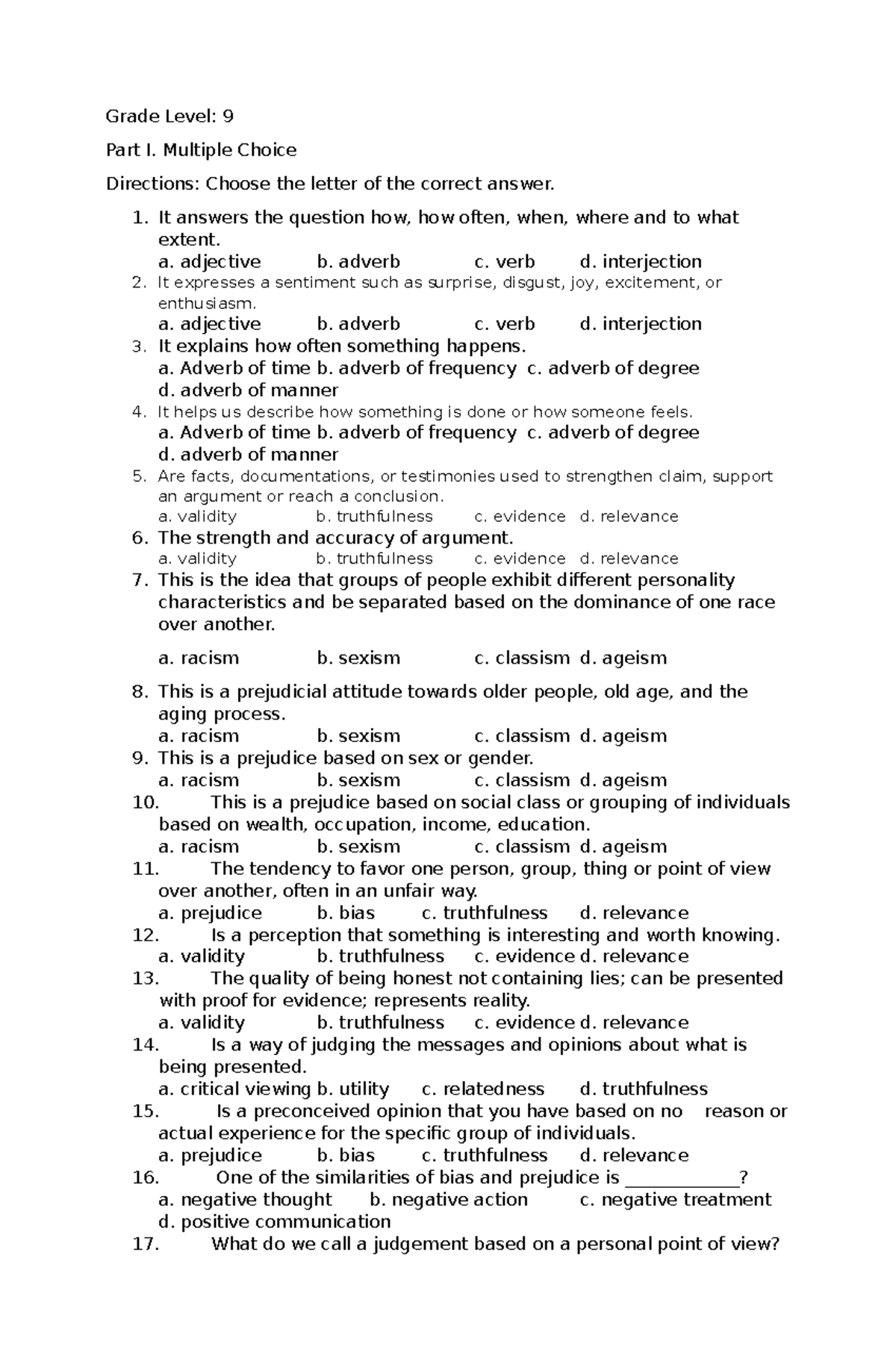 Grade-9-EXAM - Exam - Grade Level: 9 Part I. Multiple Choice Directions ...