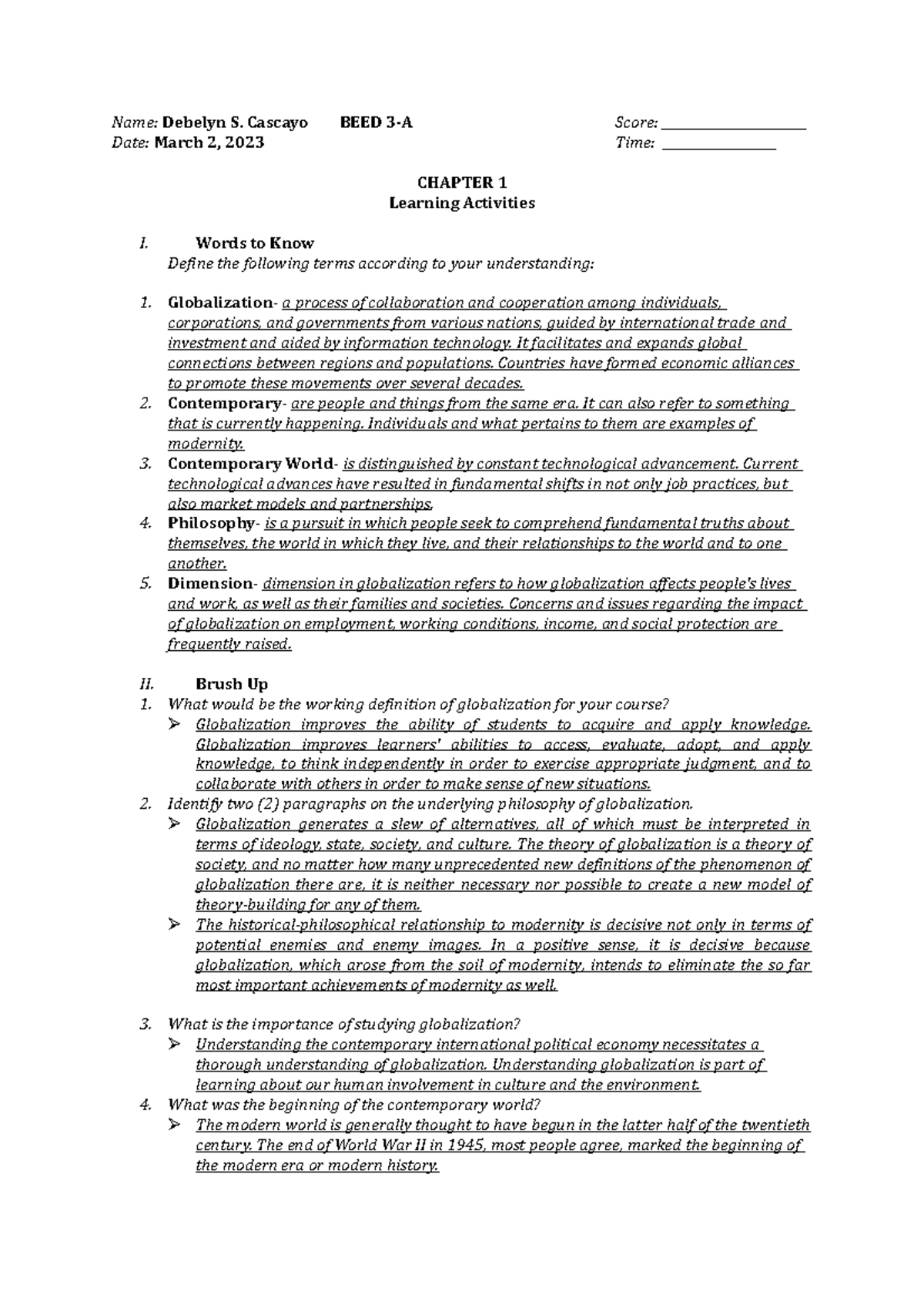 Cascayo, Debelyn S BEED 3-A Chapter-1-4 (Unfinished) - Name: Debelyn S. Cascayo BEED 3-A Score ...