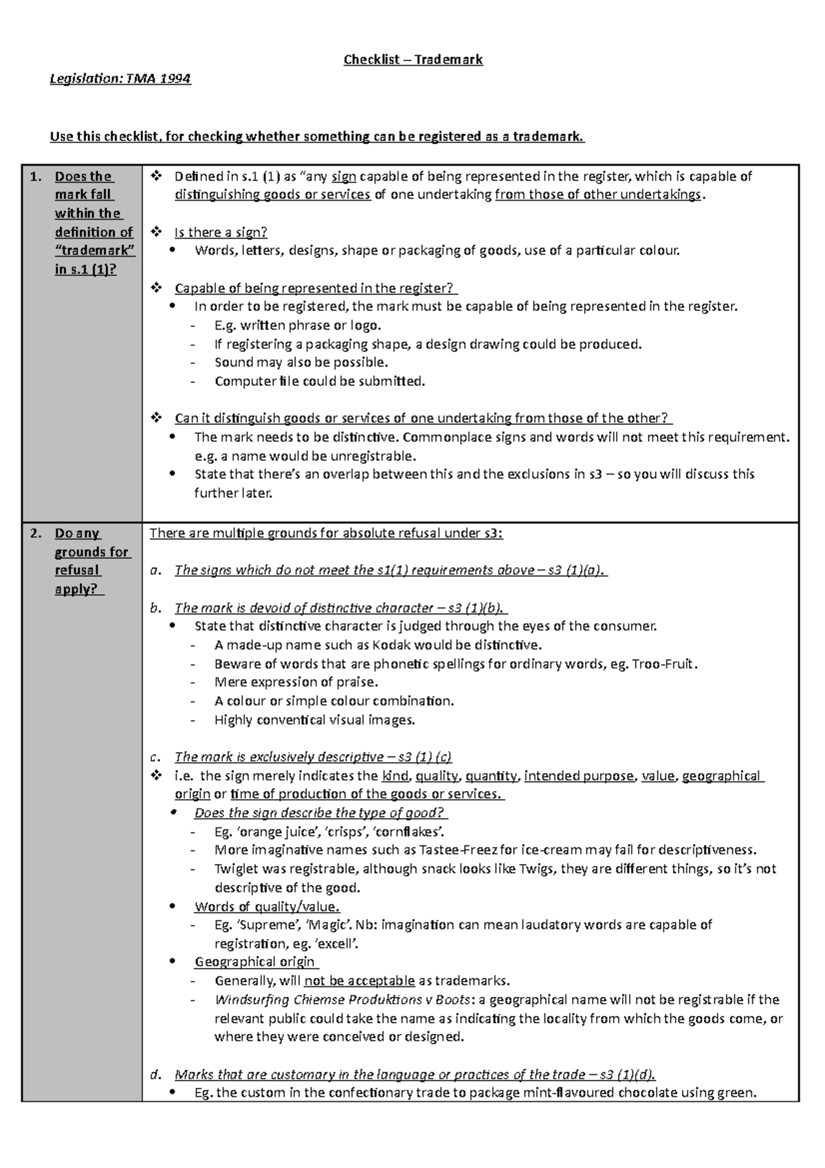 Trademarks - Lecture notes 2 - Checklist – Trademark Legislation: TMA ...