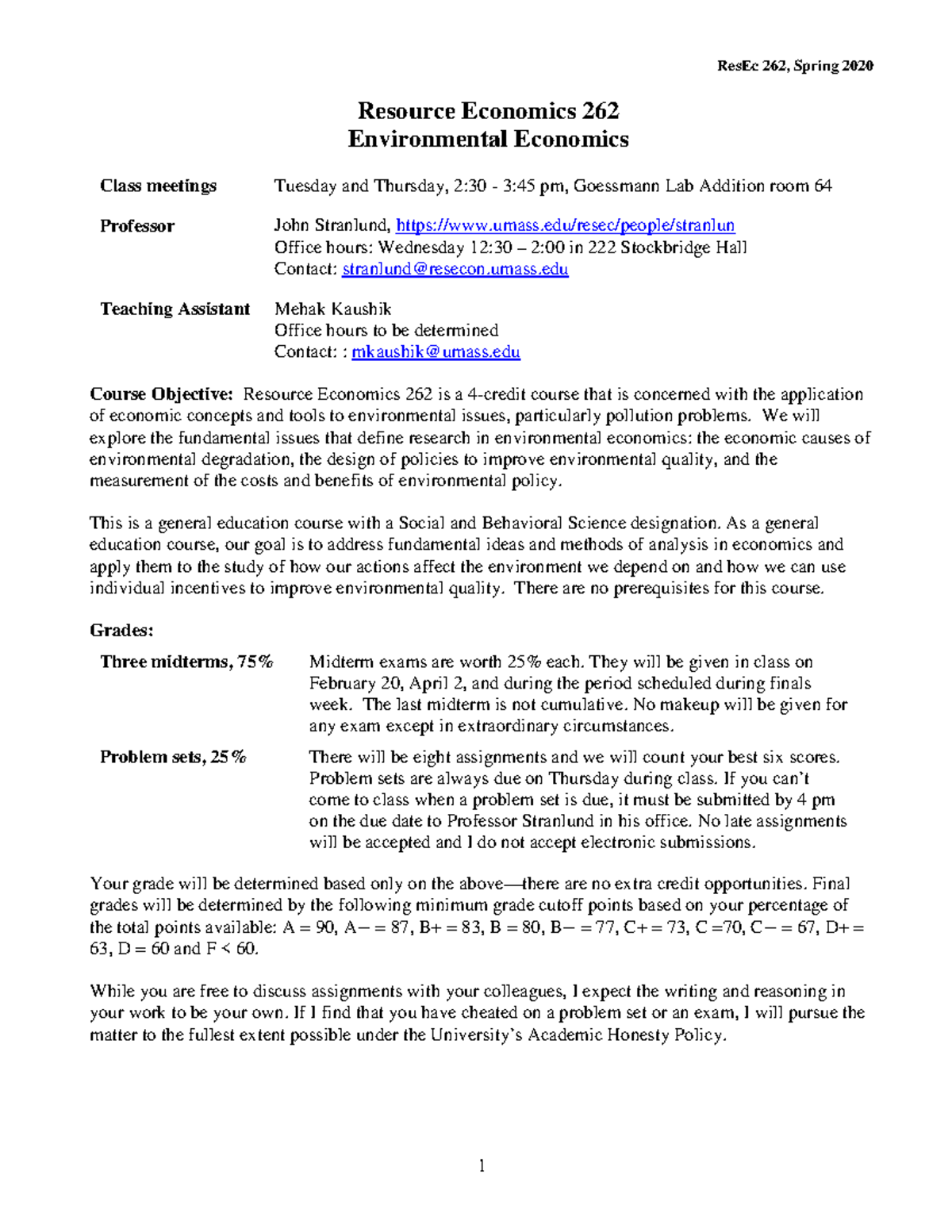 Course outline Environmental Eco - Resource Economics 262 Environmental ...