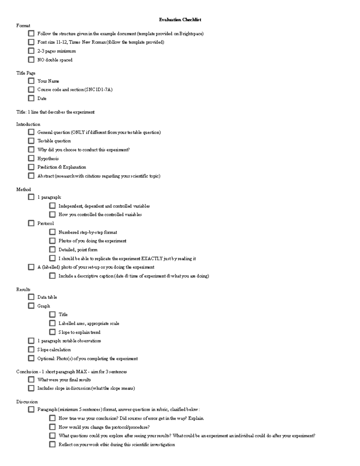 Grade 9 Final Inquiry Lab 15% Checklist Assessment - Evaluation ...