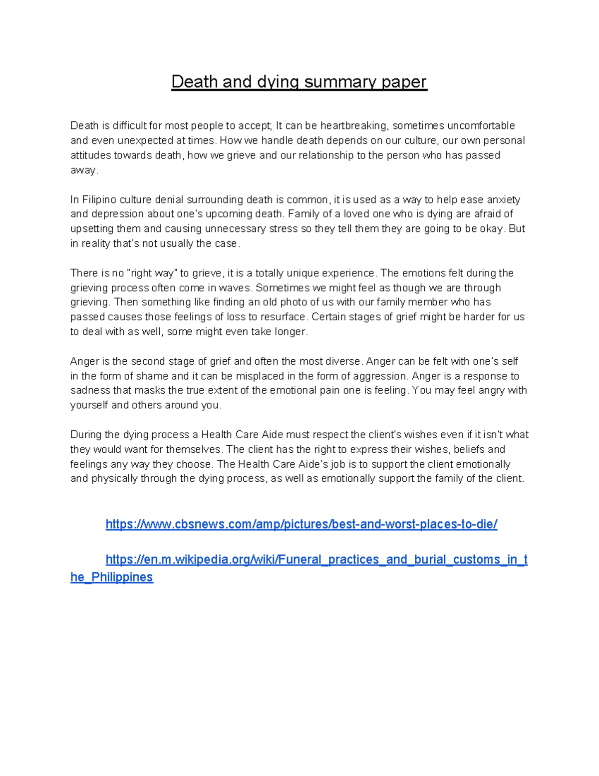 Summary paper death and dying - Death and dying summary paper Death is ...