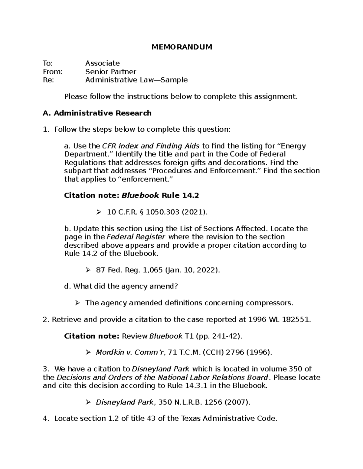 Sample Administrative (1) - MEMORANDUM To: Associate From: Senior ...