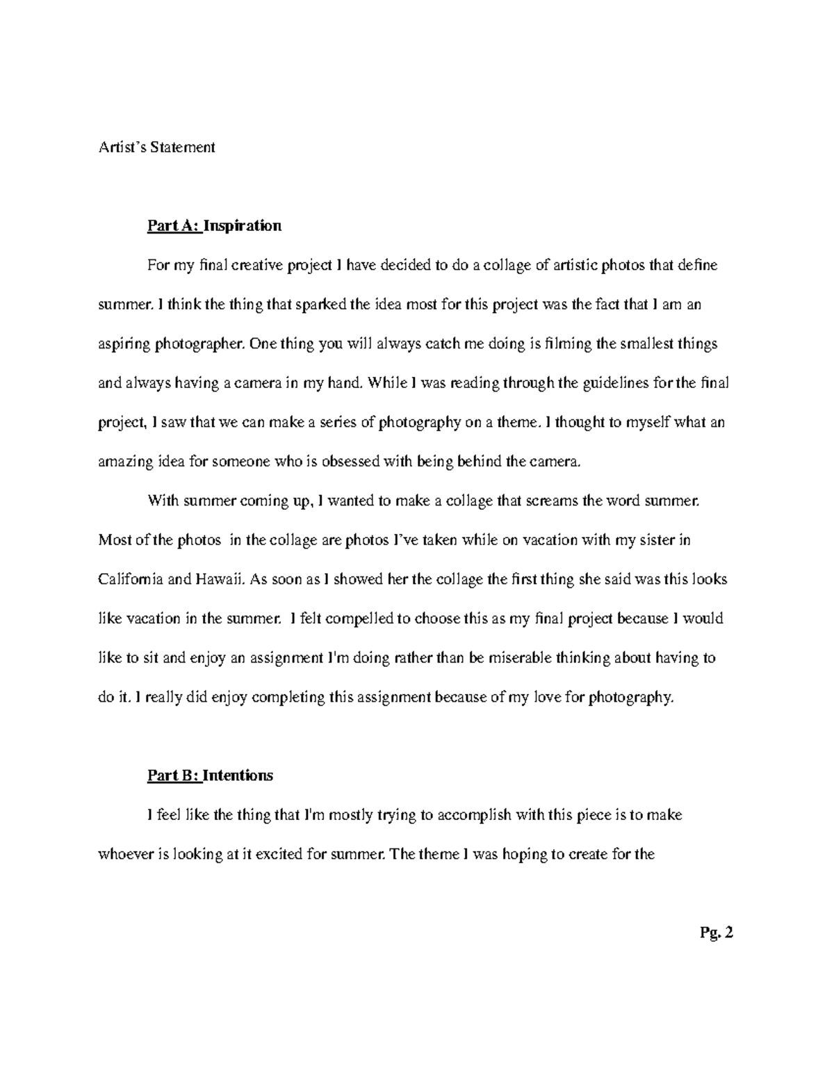 Final Project Artist's Statement - Artist’s Statement Part A ...