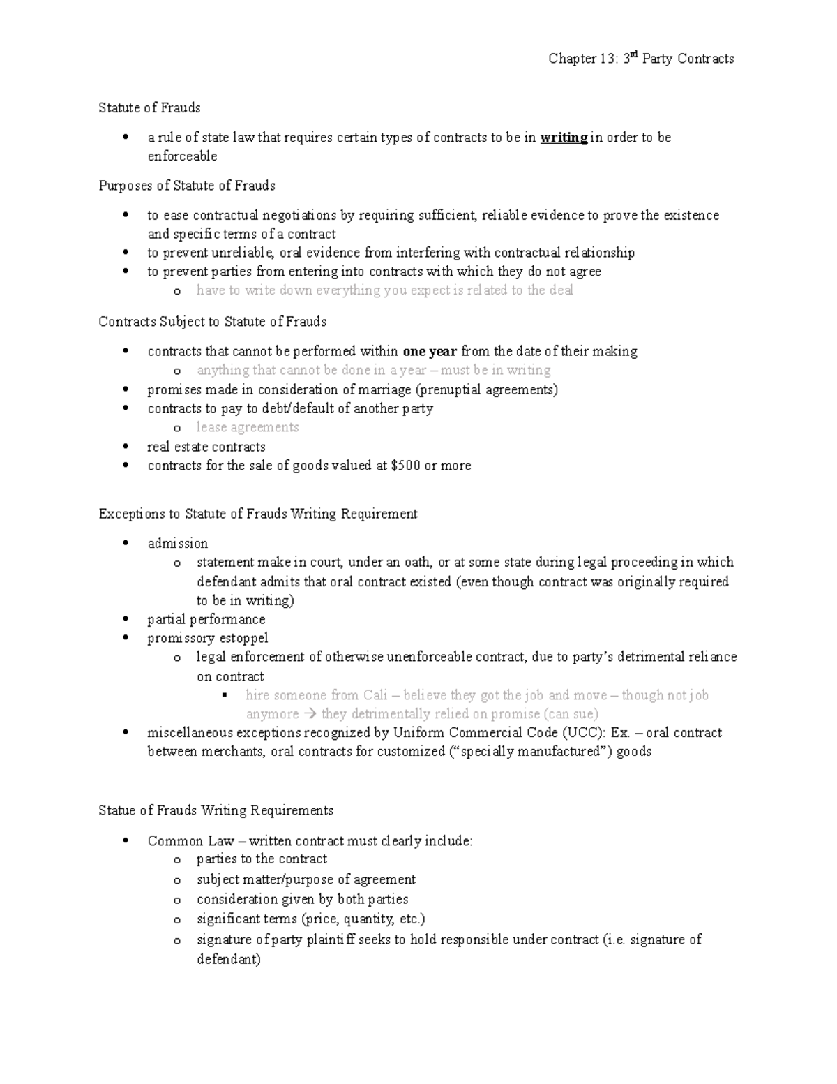 Chapter 13 Notes - Chapter 13: 3rd Party Contracts Statute of Frauds a ...