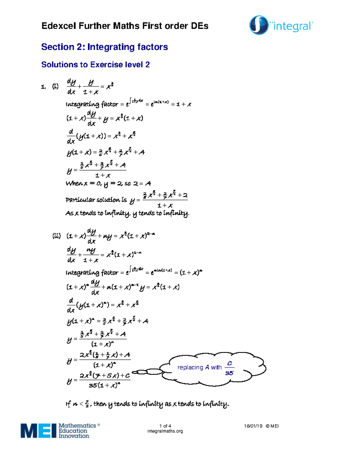 03. Integrating factors - sheet 2 - answers - Edexcel Further Maths First order DEs 1 of 4 16/01 ...