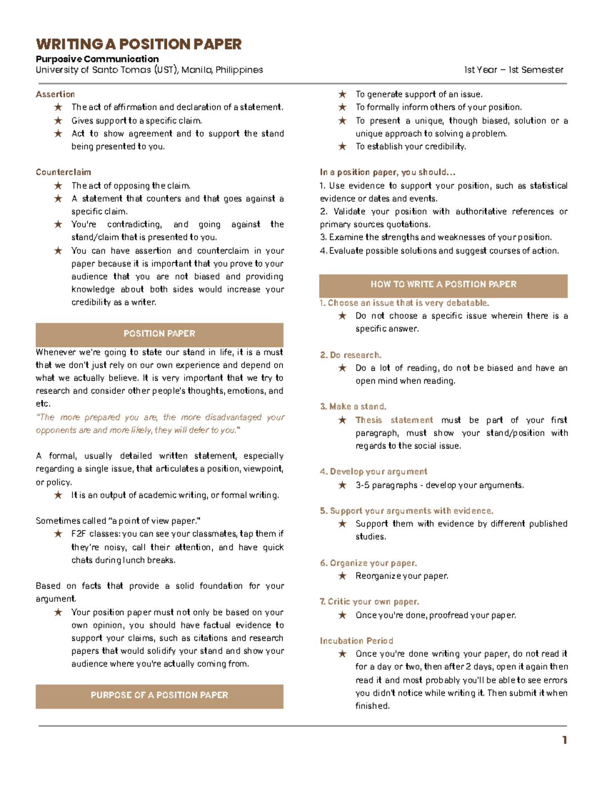 Writing a Position Paper (Purposive Communication Lecture Notes ...