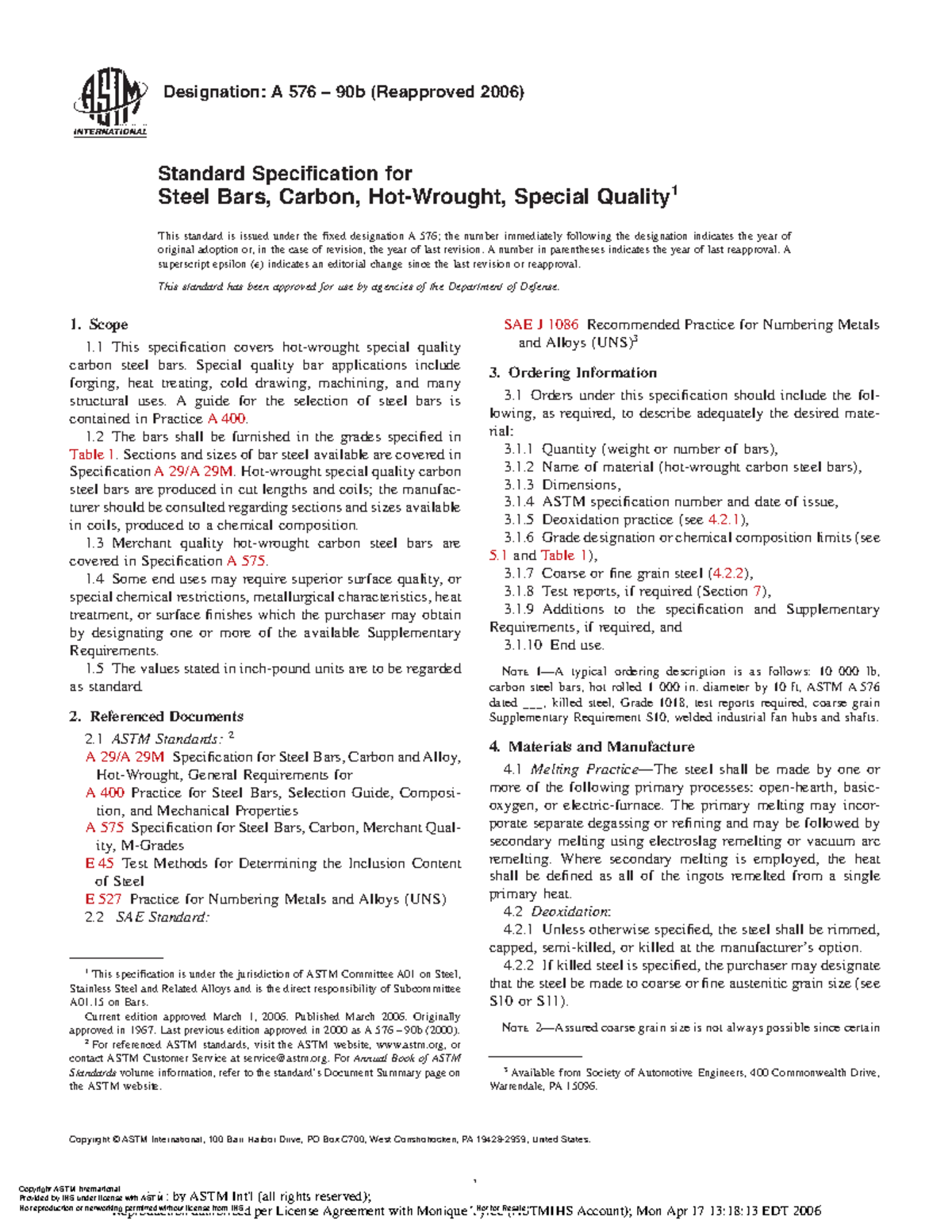 ASTM A576-90b (R2006 ) Steel Bars, Carbon, Hot-Wrought, Special Quality ...