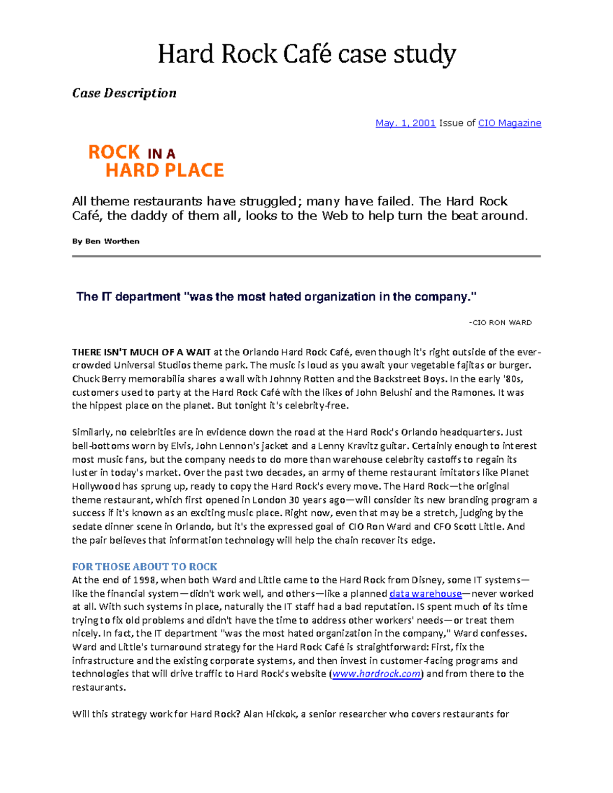 Hard Rock Cafe Case Study - Data Management (2001 ) - Hard Rock Café ...