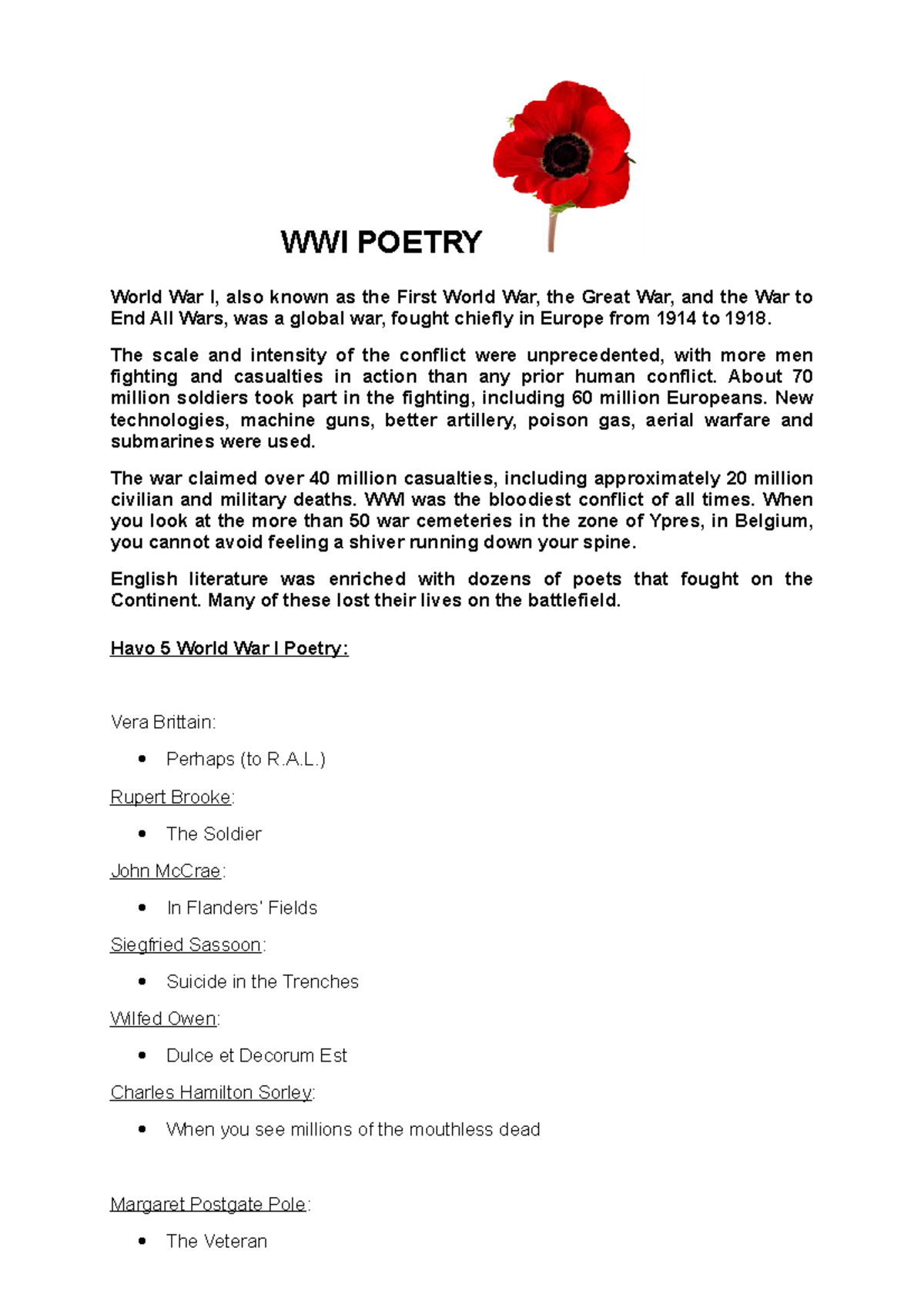 WWI Poetry H5 22-23 - Verschillende Engelse gedichten uit de Eerste ...