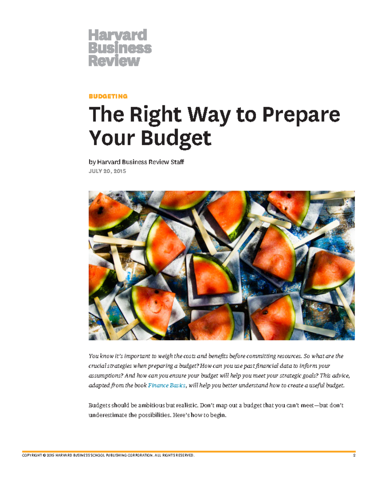 The Right Way to Prepare Your Budget HBR1 - BUDGETING The Right Way to ...