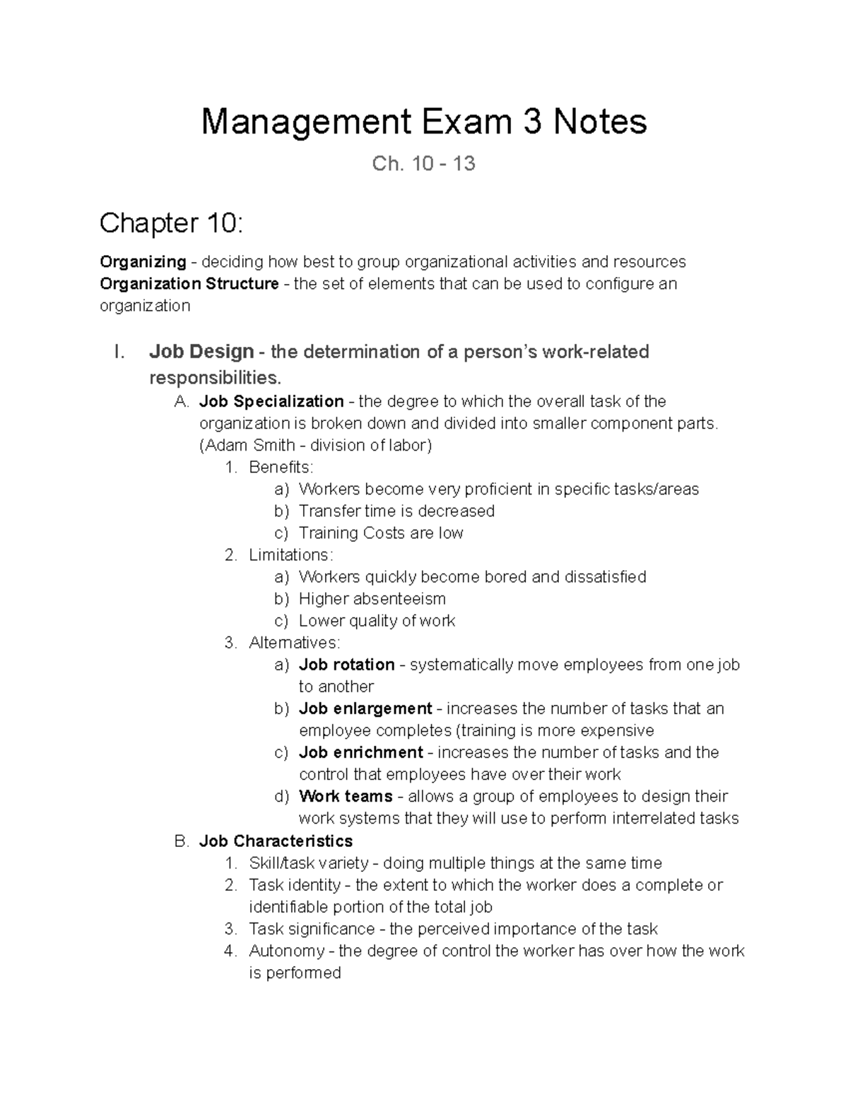 Management Exam 3 Notes - Management Exam 3 Notes Ch. 10 - 13 Chapter ...