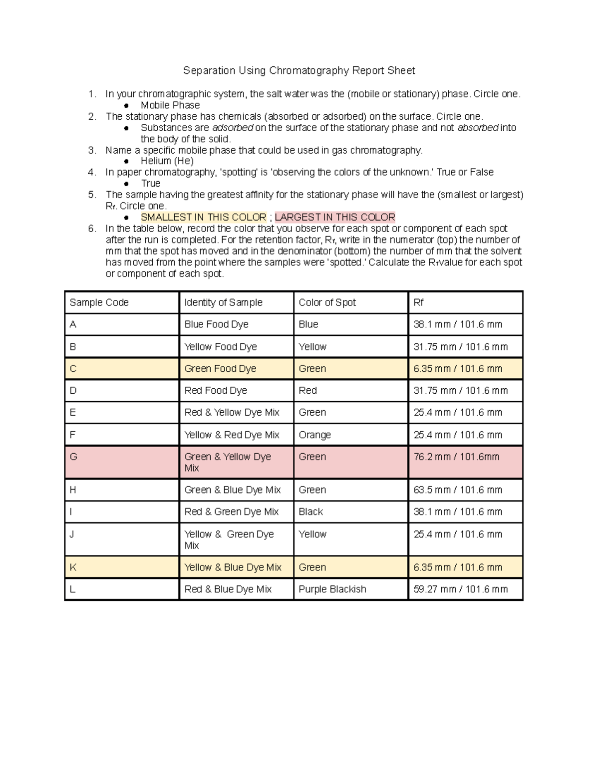 Separation Using Chromatography Report Sheet - Circle one. Mobile Phase ...