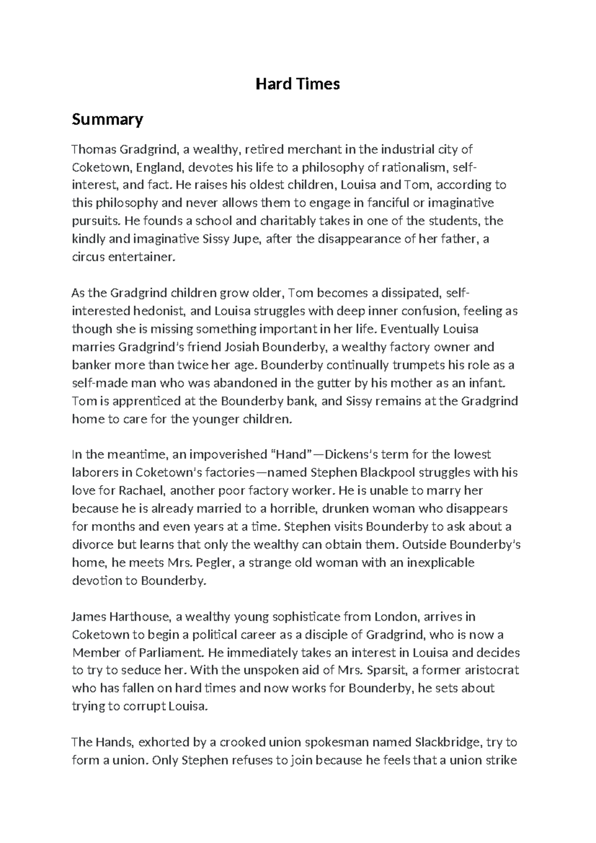 6 - notes - Hard Times Summary Thomas Gradgrind, a wealthy, retired ...