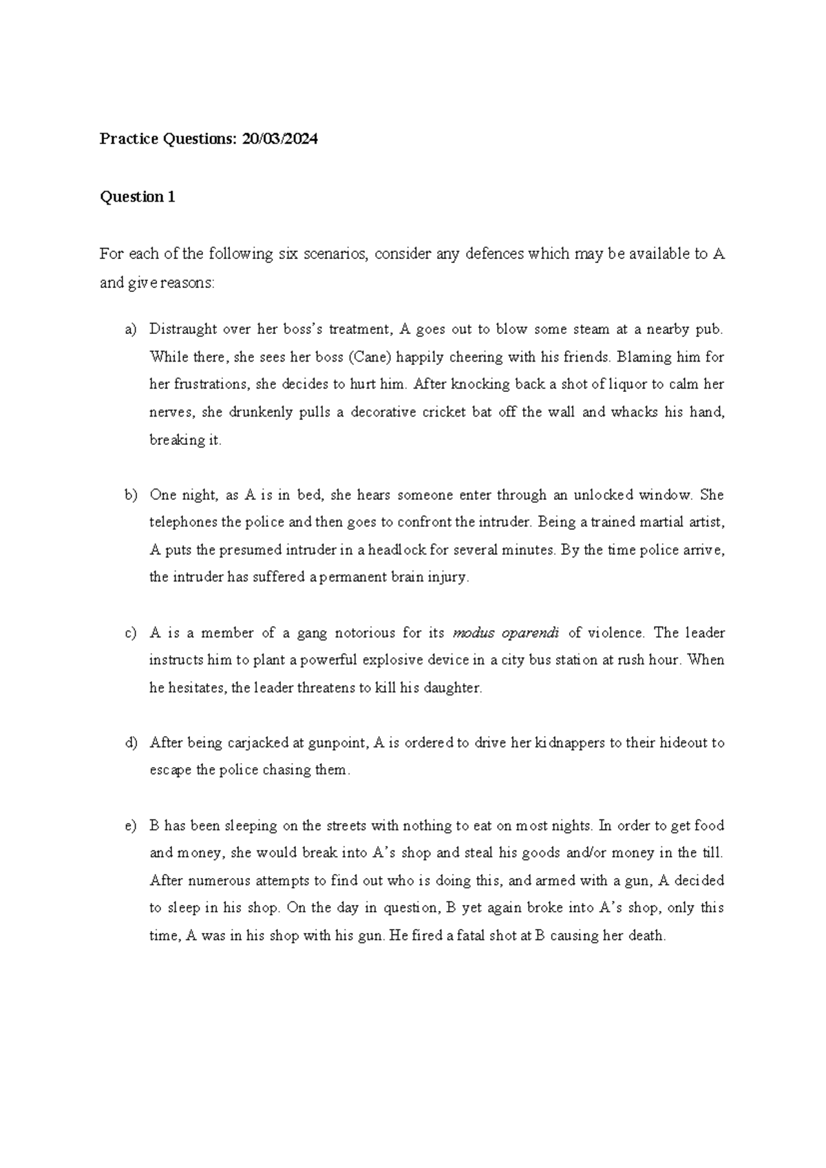 Practice Questions - Unlawfulness and Voluntary Conduct - Practice ...