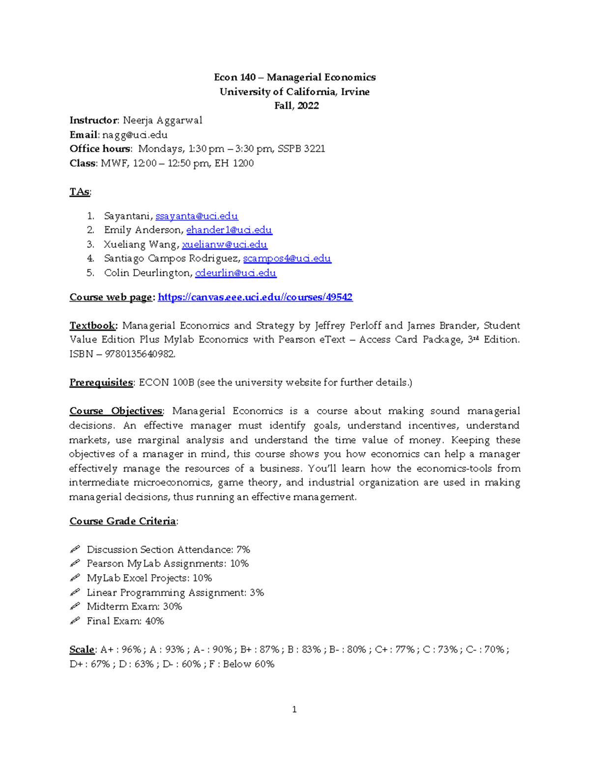 Syllabus - Econ 140 – Managerial Economics University of California ...
