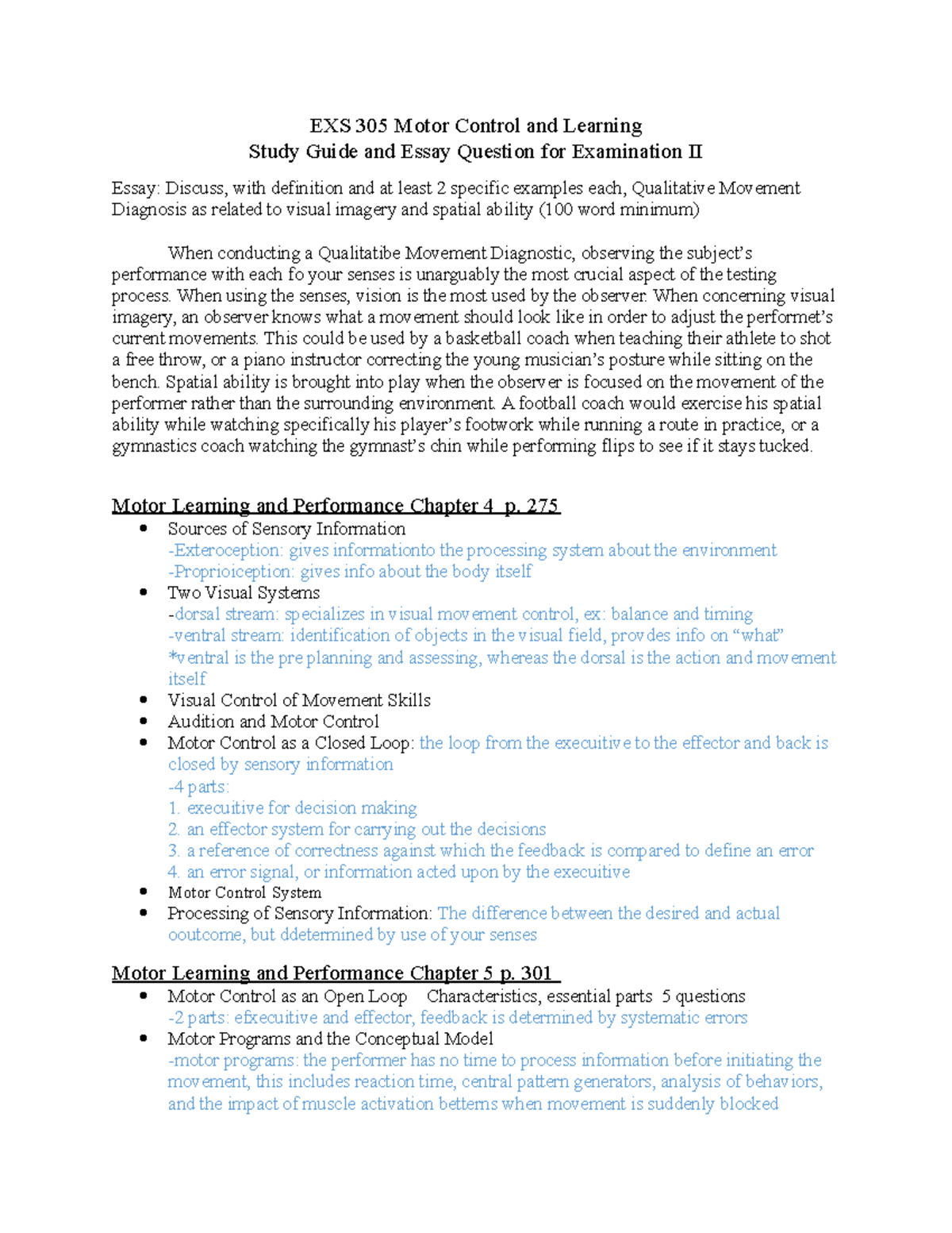 Exam 2 SG - Exam 2 study guide for Dr. Kuehl - EXS 305 Motor Control ...