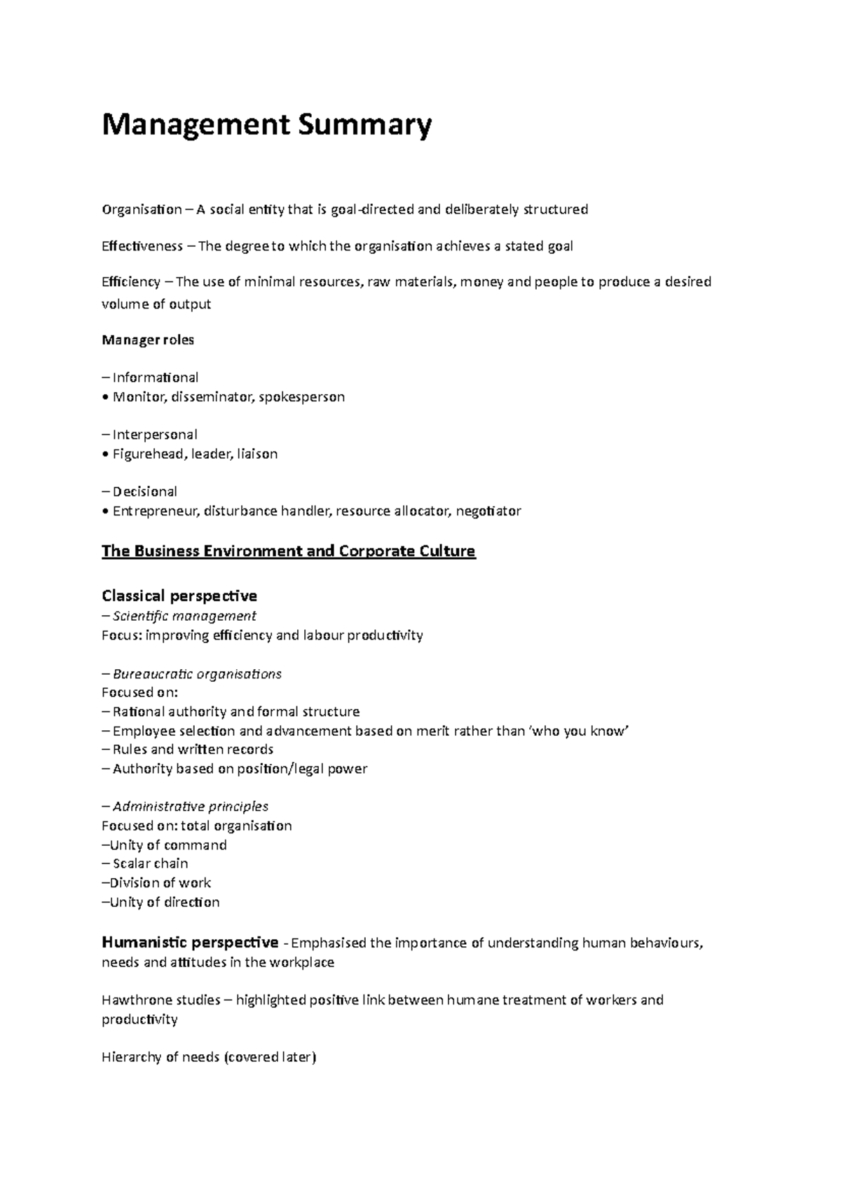 Summary notes - Management Summary Organisation – A social entity that ...