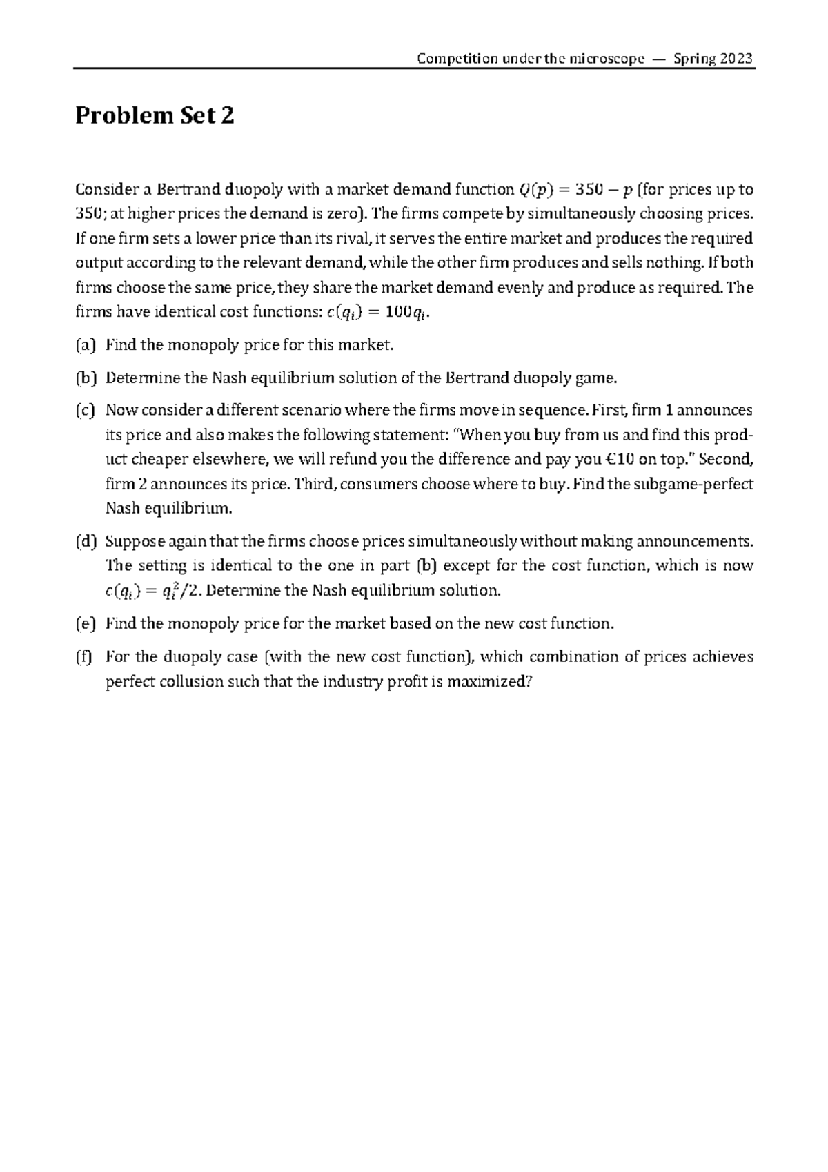 Problem Set 2 with solutions - Competition under the microscope ...