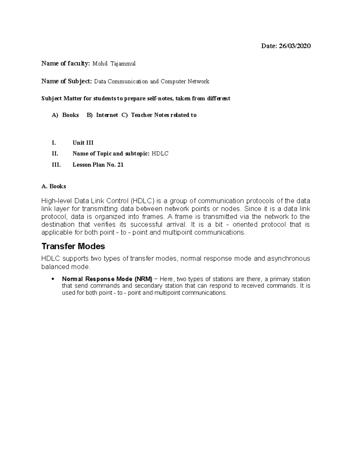 Lecture Notes Data Communication And Networking Notes Date 2603 6211