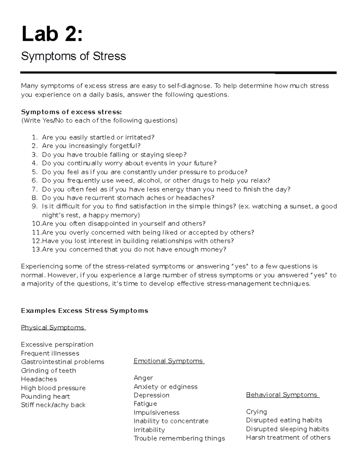 Lab 2 - Symptoms of Stress - Lab 2: Symptoms of Stress Many symptoms of ...