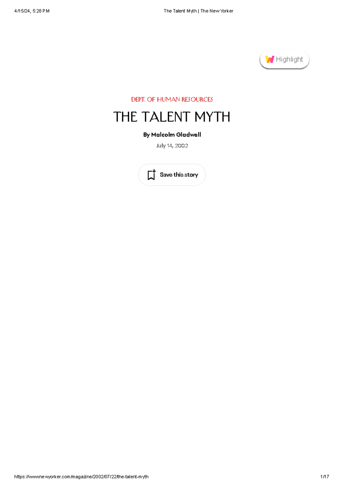 The Talent Myth The New Yorker - Dept. of Human Resources The Talent ...