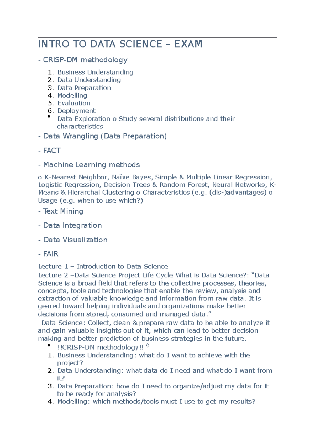 Data Science Summary - INTRO TO DATA SCIENCE – EXAM CRISP-DM ...