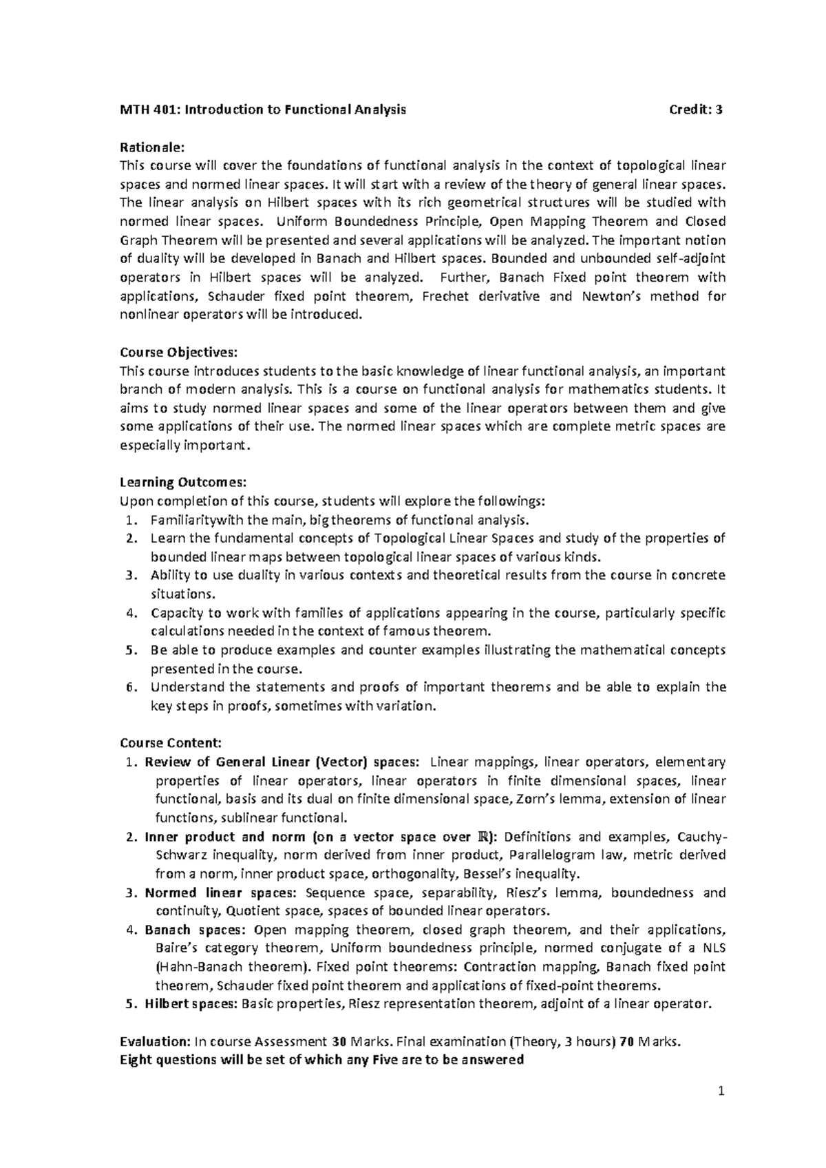 401-499 Syllabus 2019-2020 - MTH 401: Introduction to Functional Analysis Credit: 3 Rationale ...