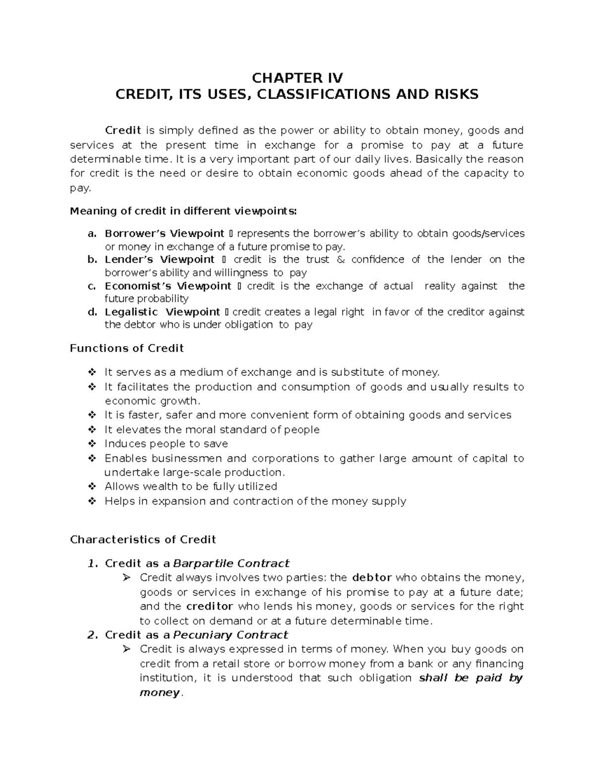 Chapter 4 - Written Report - CHAPTER IV CREDIT, ITS USES ...