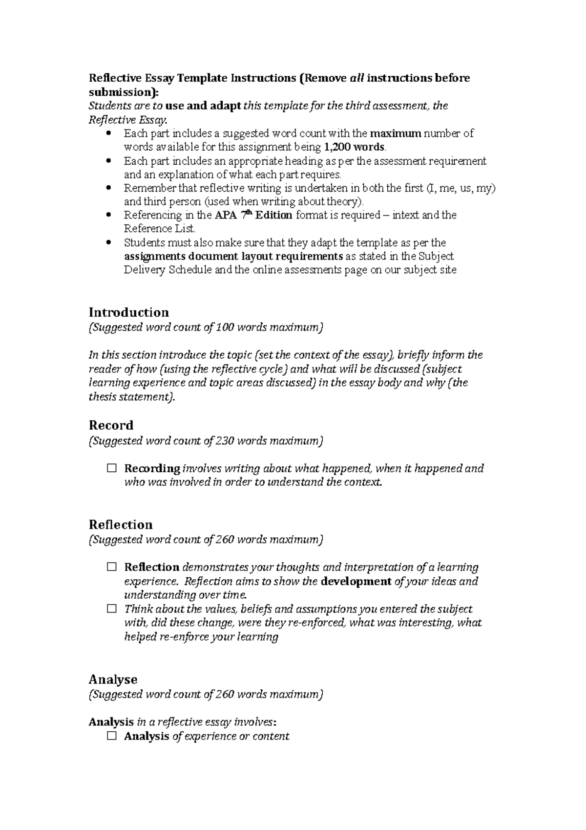 MAN601 Reflective Essay Template - Reflective Essay Template ...