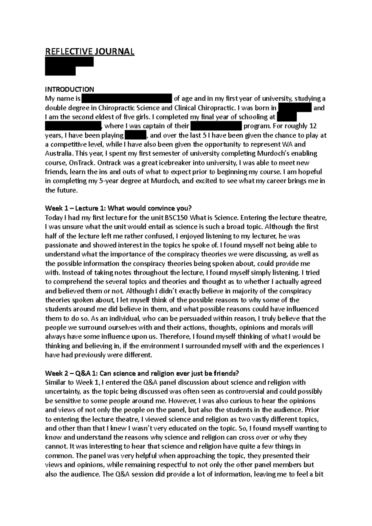 Reflective journal BSC150 full - REFLECTIVE JOURNAL Ashleigh Power ...