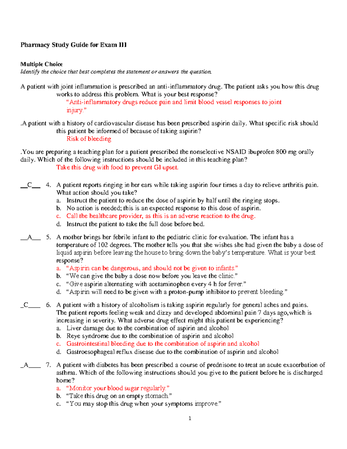 Pharmacy Study Guide for Exam III - Pharmacy Study Guide for Exam III ...